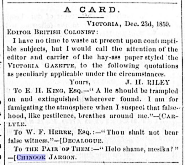 19th c.: THE BRITISH COLONIST (Part 3: A Card, 1859) | Chinook Jargon